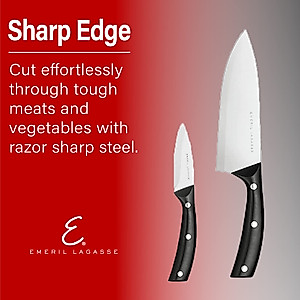 Emeril Lagasse 3-Piece Stamped Kitchen Knife Set - 8” Chef Knife, 5” Serrated Utility Knife, & 3.5” Paring Knife - Effortlessly Slice Fruits & Meats