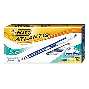 BIC VCGN11BE Atlantis Exact Retractable Ballpoint Pen, Blue Ink, 7mm, Fine, Dozen