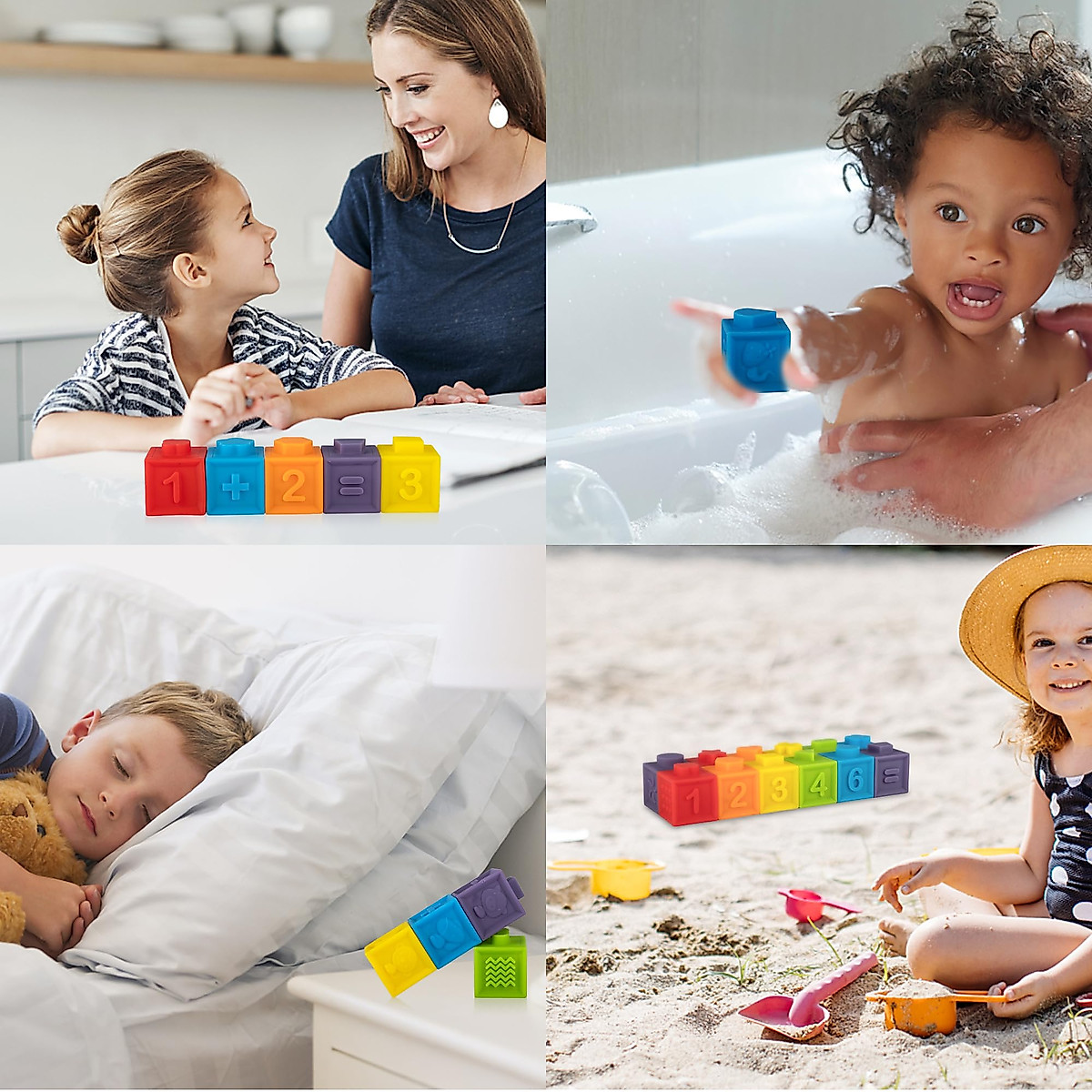 Ganowo 12PCS Mini Soft Stacking Blocks Toys, Educational Squeeze Teeth Baby Toys with Numbers Animals for 6 Months Up Baby Building Blocks Christmas Stocking Stuffers for Baby Toddlers Gifts