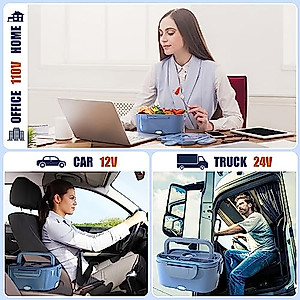 Adocfan Electric Lunch Box, 60W 3 in 1 Food Heater Car Use 12V/24V and Home Use 110V, Portable Lunch Heater, Removable Stainless Steel Container, Fork, Spoon and Carry Bag (Blue)