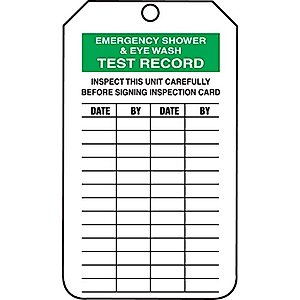 Accuform 25 "Emergency Shower and Eyewash Test Record" Cardstock Mini Tags, 4.25" x 2.13", Green/Black on White, TRM105CTP