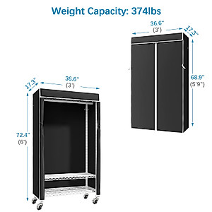 VIPEK R1C Rolling Clothes Rack with Cover Portable Closet for Hanging Clothes, Heavy Duty Garment Rack Freestanding Clothing Racks with Wheels& Hanging Rod, White Closet Racks with Black Cover