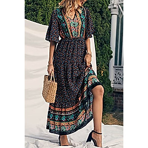 PRETTYGARDEN Women's Casual Summer Boho Floral Print Dress V Neck Short Sleeve High Waist Long Maxi Beach Dresses (Black Floral,Medium)