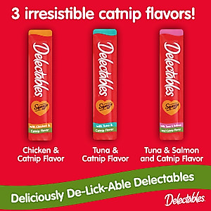 Delectables Squeeze Up Creamy Squeezable Puree, Lickable Wet Cat Treats, Grain Free, No Added Fillers, No By-Products, No Added Preservatives, 0.5 Ounces Tube Tuna & Salmon with Catnip, 32 Tubes Total