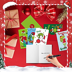 Fabelly Grinchs Christmas Cards, Set of 30 Christmas Cards Boxed with Envelopes and Stickers, 6 x 4 Inch 6 Assorted Designs Holiday Cards - Greeting Cards for Kids Boys Girls Adults