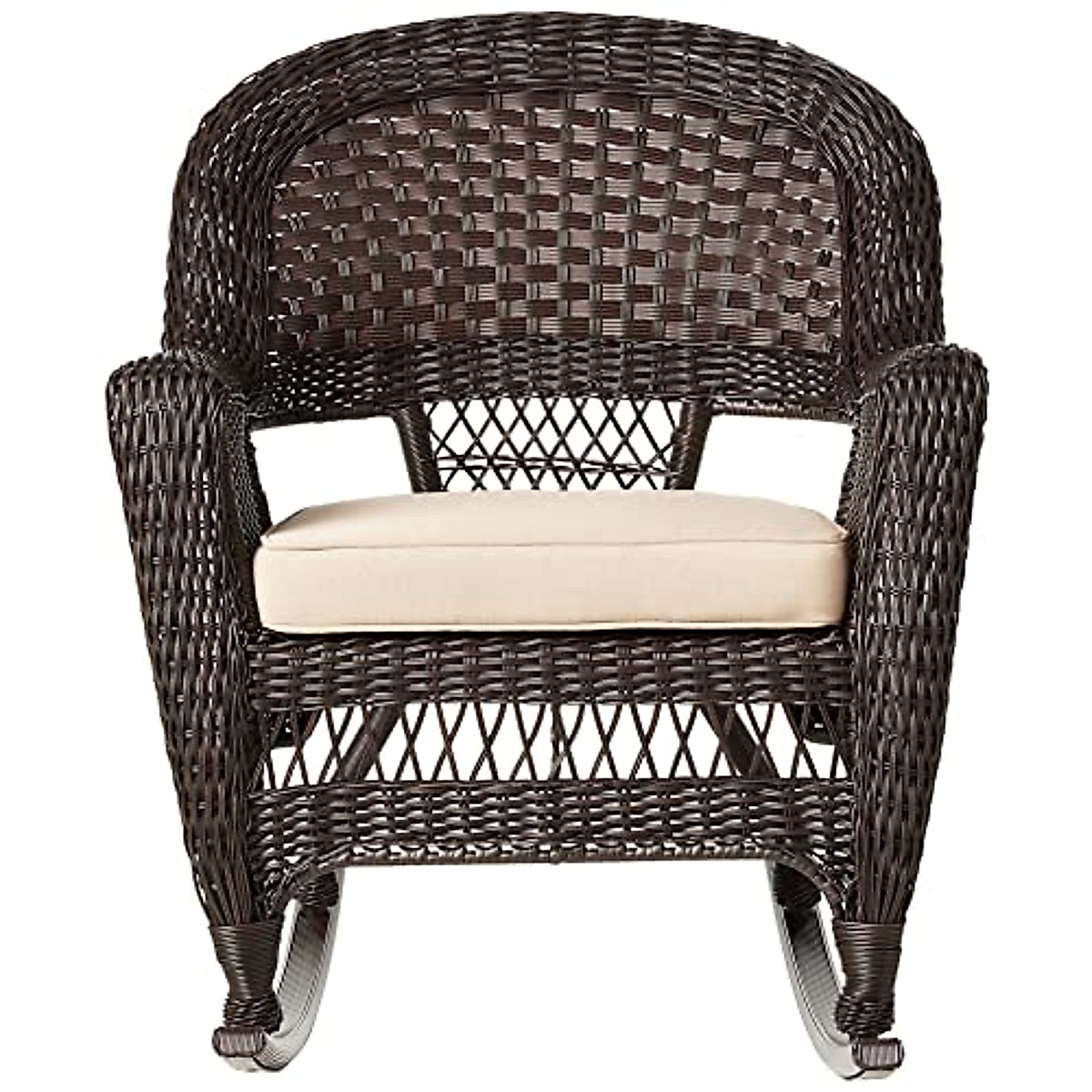 Jeco Rocker Wicker Chair with Tan Cushion, Set of 2, Espresso