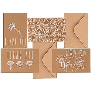 4x6 Thank You Cards 20 Pack Brown Craft Paper 4 Designs of Assorted Blank Thank You Greeting Cards with Envelopes, for Birthday, Wedding, Bridal/Baby Shower, Celebrations…