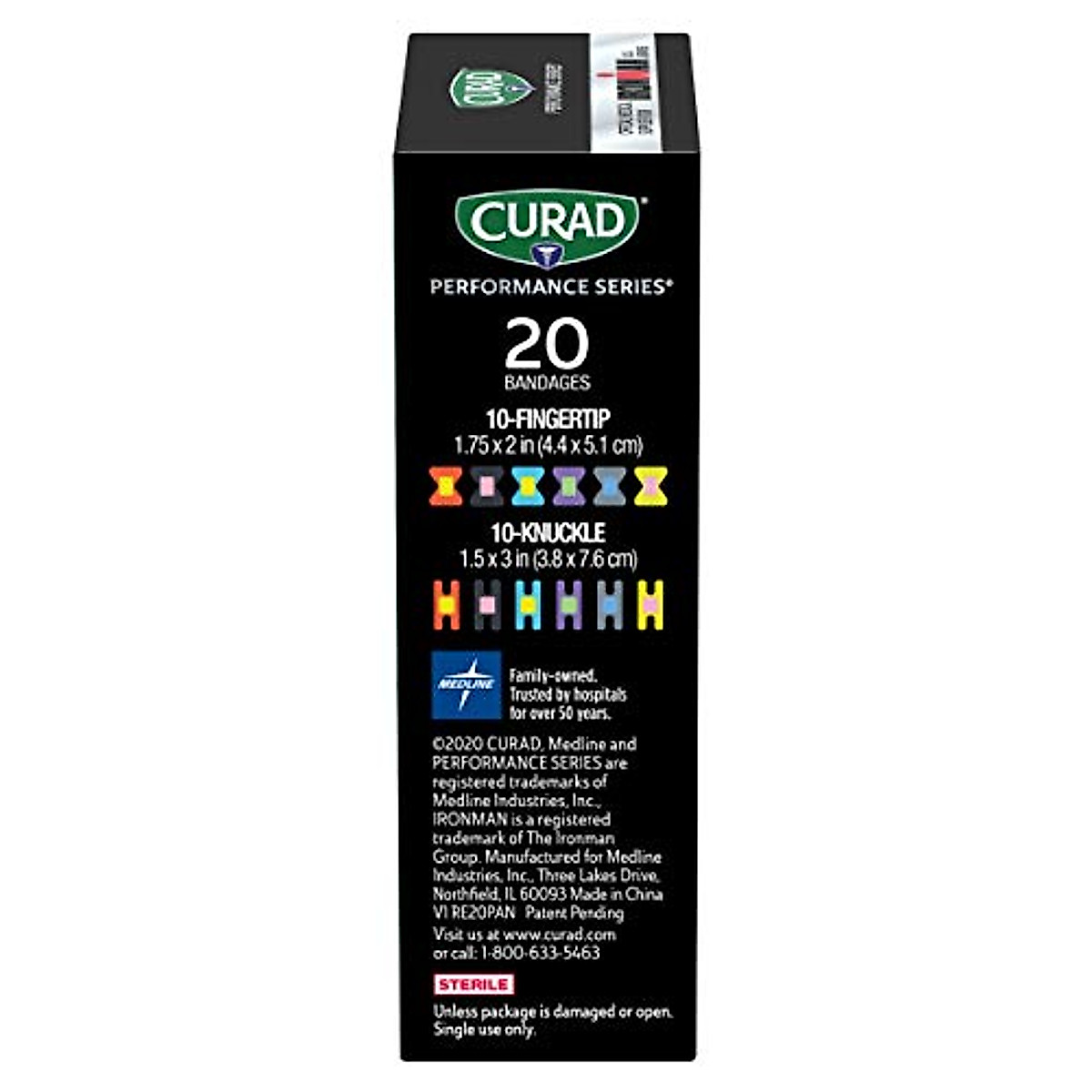 Curad Performance Series Ironman Fingertip and Knuckle Antibacterial Bandages, Extreme Hold Adhesive Technology, Fabric Bandages, 20 Count