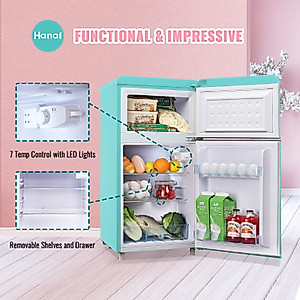 WANAI 3.5 Cu.ft Compact Refrigerators Mini Fridge with Freezer Blue Small Fridge Dual Door Classic Retro Refrigerator Removable Glass Shelves Adjustable Thermostat for Home Office Dorm RV