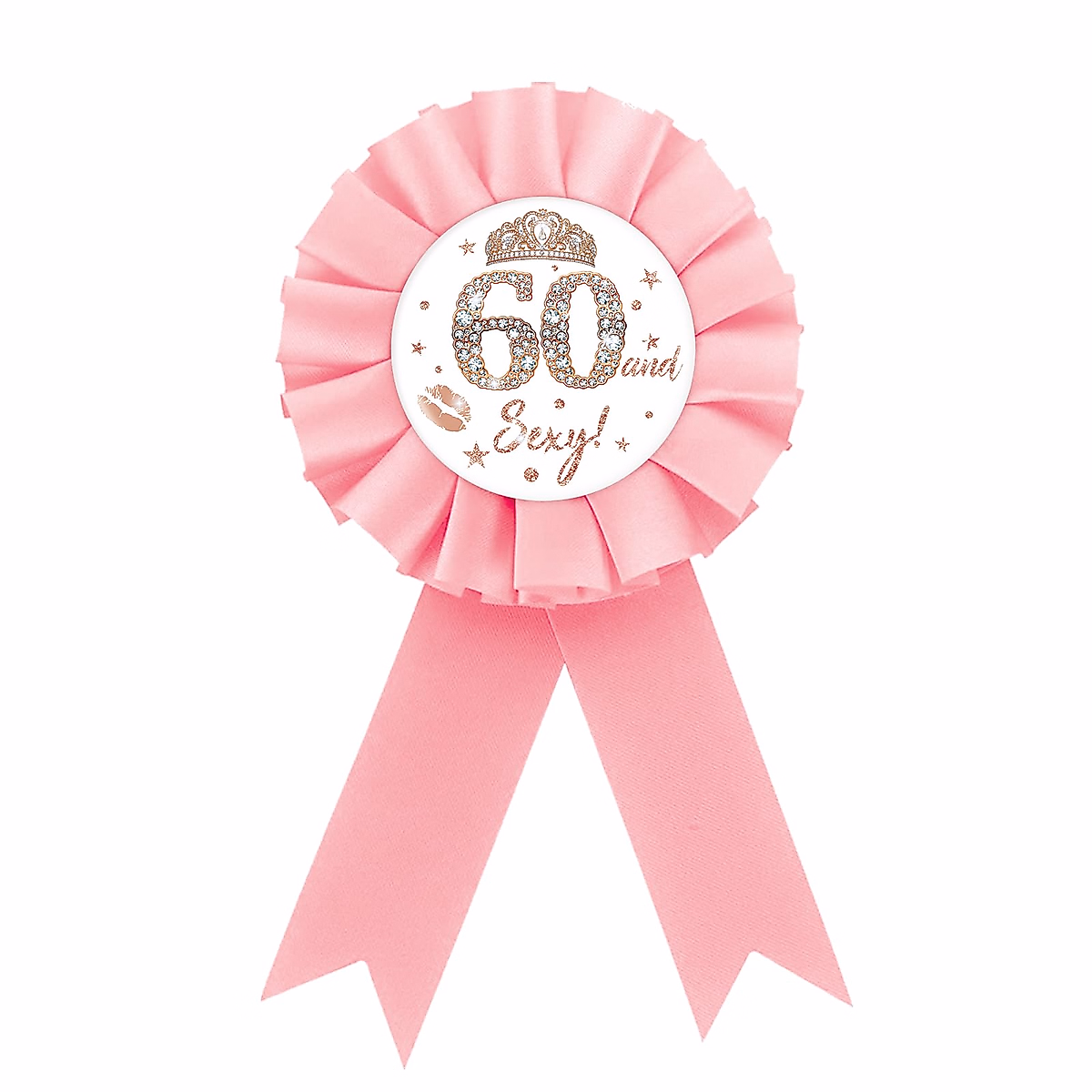 60 and Sexy Tinplate Badge Pin, It's My 60th Birthday Button Pin, Happy 60th Birthday Pink Rosette Badge Pin for Women, Brooch Buttons for Sixty Years Old Birthday Party