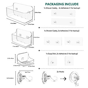 JNDETOP Shower Shelves, 5 Pack Adhesive Clear Acrylic Bathroom Shower Organizer Caddy, Transparent No Drilling Wall Mount Shower Storage with Soap Holder and Hooks