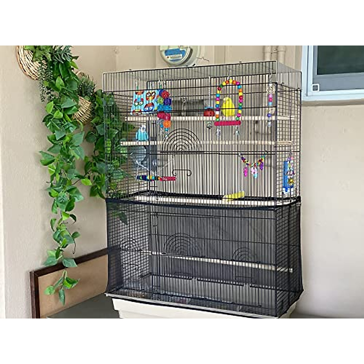 Bird Cage Seed Catcher Mesh Skirt Cover for Parrot Bird Cage Cover Seeds Guard Dust-Proof Universal Birdcage Accessories, Prevent Scatter and Mess, Light and Breathable Fabric (Black)