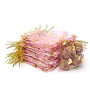 Honbay 50PCS 3.7x4.9 inch Sheer Pink Drawstring Heart Organza Favor Gift Bags Wedding Party Christmas Baby Shower Jewelry Pouches