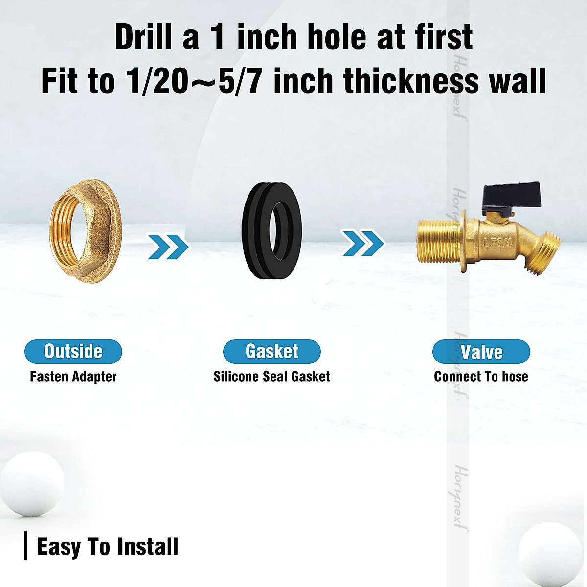 Horiznext rain barrel spigot, brass 55 gallon water tank faucet, bulkhead valve for outdoor plastic bucket rainwater drum gal container downspout collector in garden, 1 inch O.D. inlet GHT3/4 outlet