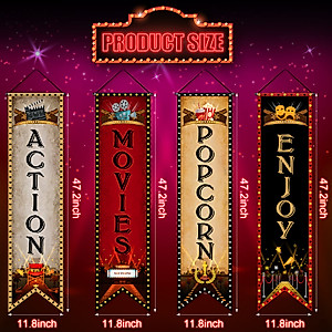 Blulu 4 Pcs Movie Night Porch Sign Now Showing Banner Movie Theme Paty Decoration Movie Vintage Theater Popcorn Enjoy Action Movies Hanging Porch Sign for Home Film Backdrop Party Supply