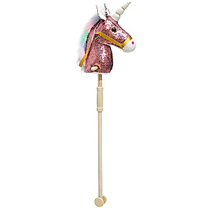 HollyHOME Sequin Unicorn Stick Horse Handcrafted Hobby Horse on a Stick with Wood Wheels Real Pony Neighing and Galloping Sounds Plush Unicorn Toy Pink 36 Inches(AA Batteries Required)
