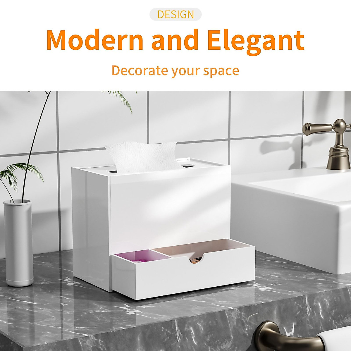 Femeli Acrylic Tissue Box Cover, White Multifunctional Tissue Box Organizer,Modern Rectangular Tissue Box Holder with Drawer for Bathroom,Bedrooms,Office