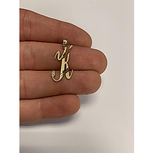 Ice on Fire Jewelry 14k Solid Real Gold Cursive Initial Pendant, English Alpahbet A-Z Letter Charm with Diamond Cut (K)