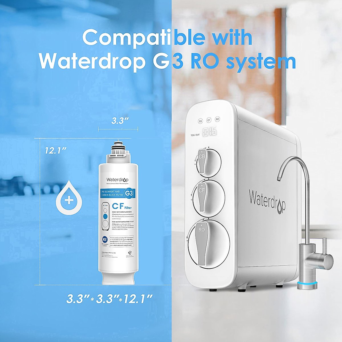 Waterdrop WD-G3-W Replacement Filter, Replacement for WD-G3-W Reverse Osmosis System, CF Filter + CB Filter + RO Filter, New Logo Design