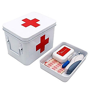 Funly mee Vintage First aid Box for Home, Medicine Tin, Empty White Metal Medicine Storage Box (Medium-8.2 × 6 × 6 inches)