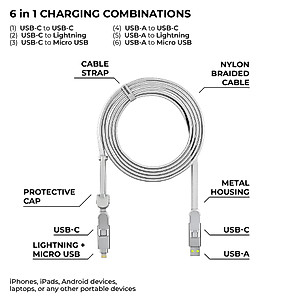 Rolling Square inCharge XL 6-in-1 Multi Charging Cable, Portable USB and USB-C Cable with 100W Ultra-Fast Charging Power, 10 Ft/3m, Glacier White