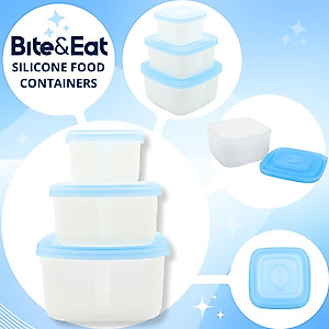 Bite&Eat Silicone Food Storage Containers | BPA Free, Airtight, Dishwasher, and Freezer Safe with Lids | Air Vent Nesting Containers Safe for Microwave | Set of 3 (5.7oz, 10oz, 20oz) - Blue/Clear