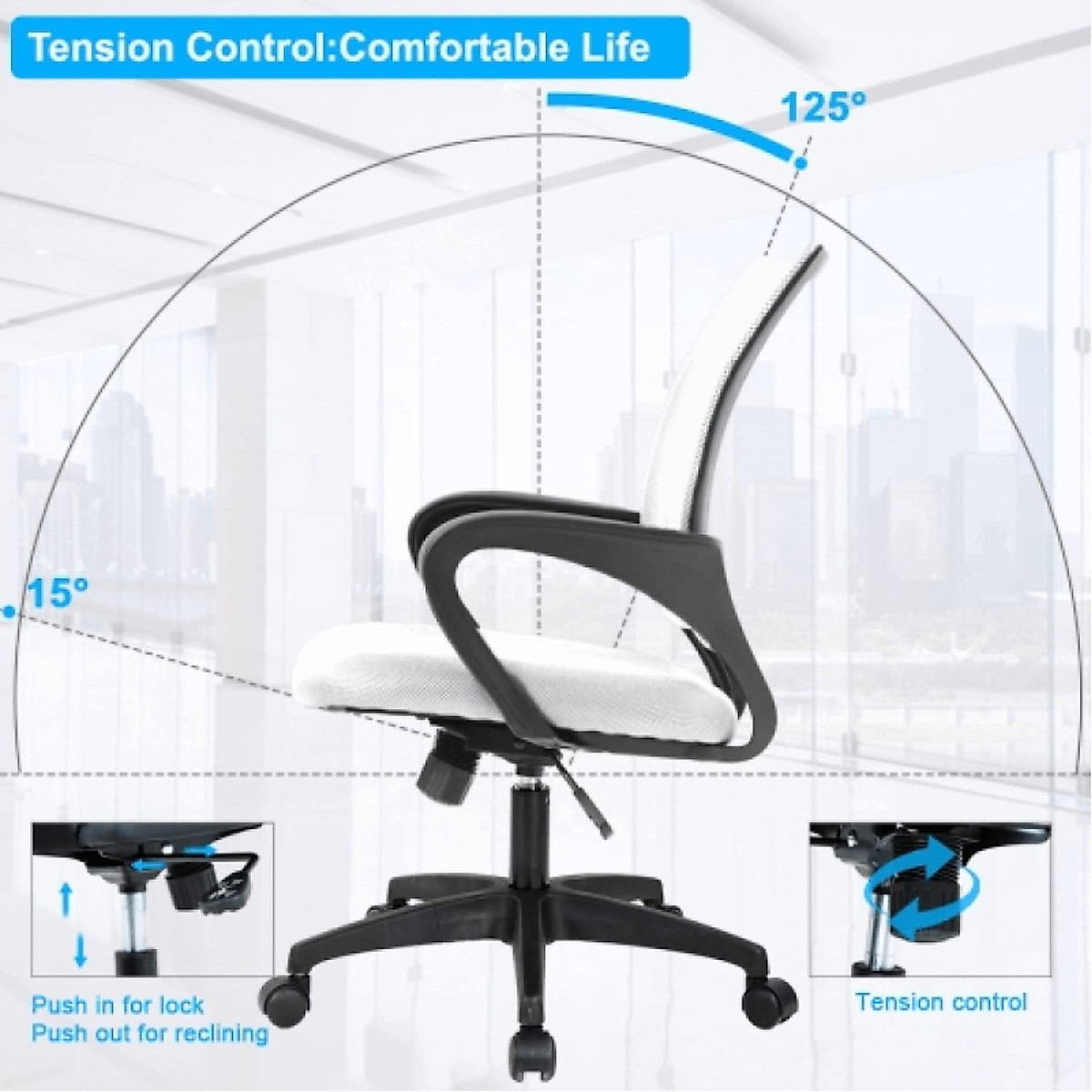 Ergonomic Office Chair Mesh Desk Chair, Computer Chair with Lumbar Support& Armrests, Adjustable Mid-Back Computer Desk Chair, Modern Executive Rolling Swivel for Women Adults, White