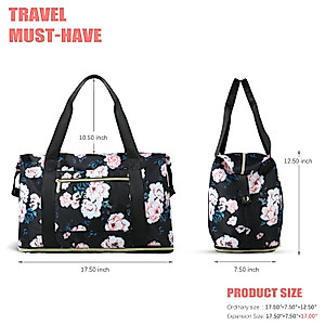 Travel Duffle Bag, Sports Tote Gym Bag, Weekender Bag, Expandable Waterproof Carry on Bag with Trolley Sleeve Wet Pocket Overnight Bags for Women - Black