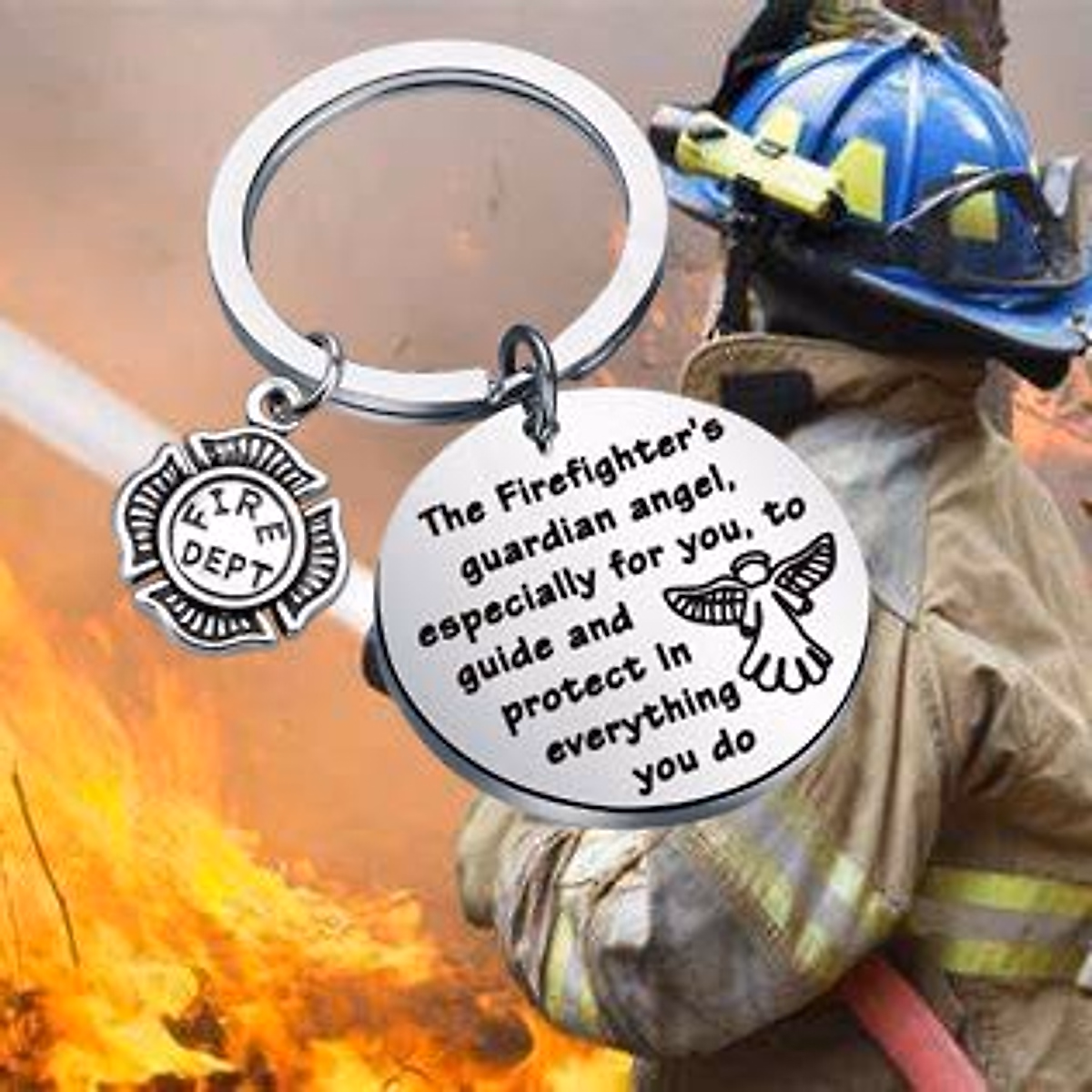 FEELMEM Firefighters Prayer Keychain Fire Rescue Firefighter Gift A Firefighter’s Guardian Angel Keyring Firemen Angel Gift