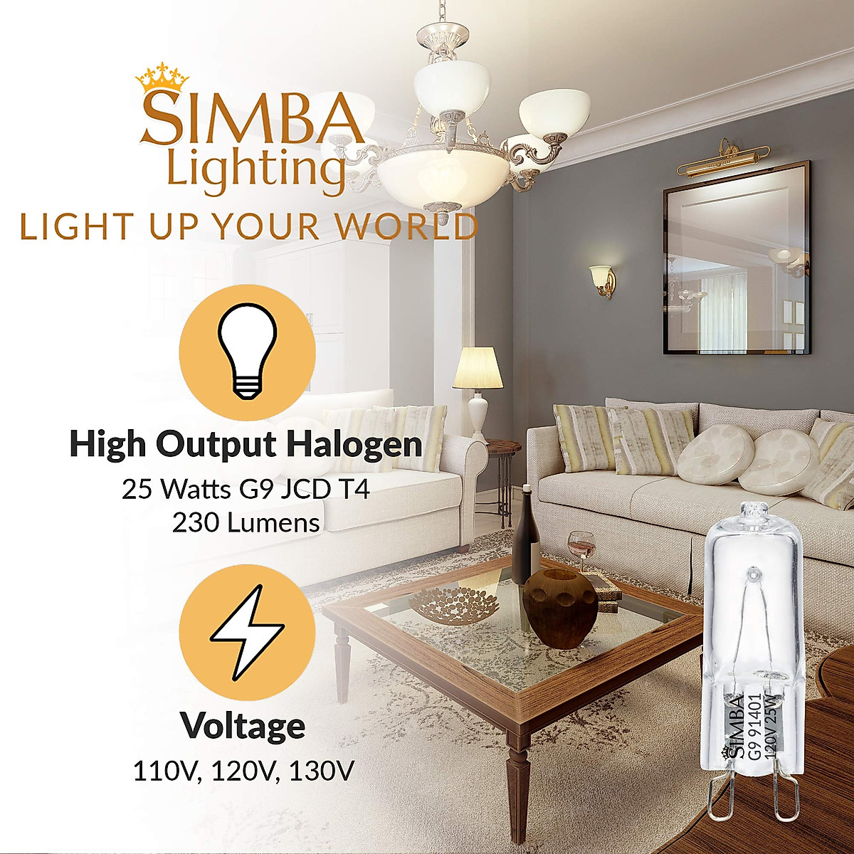 Simba Lighting Halogen Light Bulb G9 T4 25W JCD Bi-Pin (10 Pack) for Chandeliers, Pendants, Cabinet Lights, Landscape Lights, Desk and Floor Lamps, Wall Sconces, 120V Dimmable, 2700K Warm White