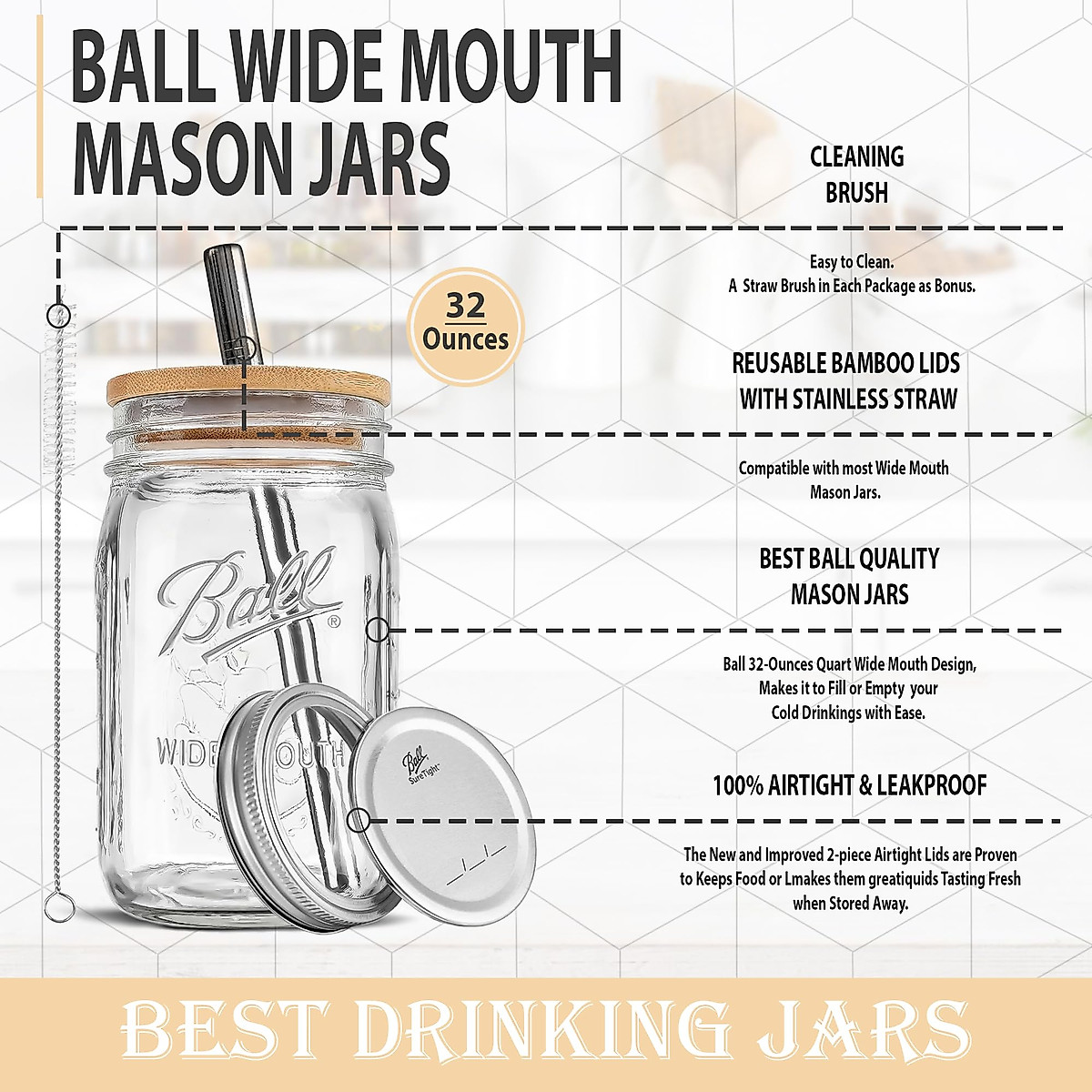 Reusable Boba Glass Cups With Lids and Straws - (2 Pack) - Ball Wide Mouth 32 oz Mason Drinking Jars with Reusable Bamboo Lids & Stainless Steel Straws for Iced Coffee, Smoothie, Milkshake, Tea