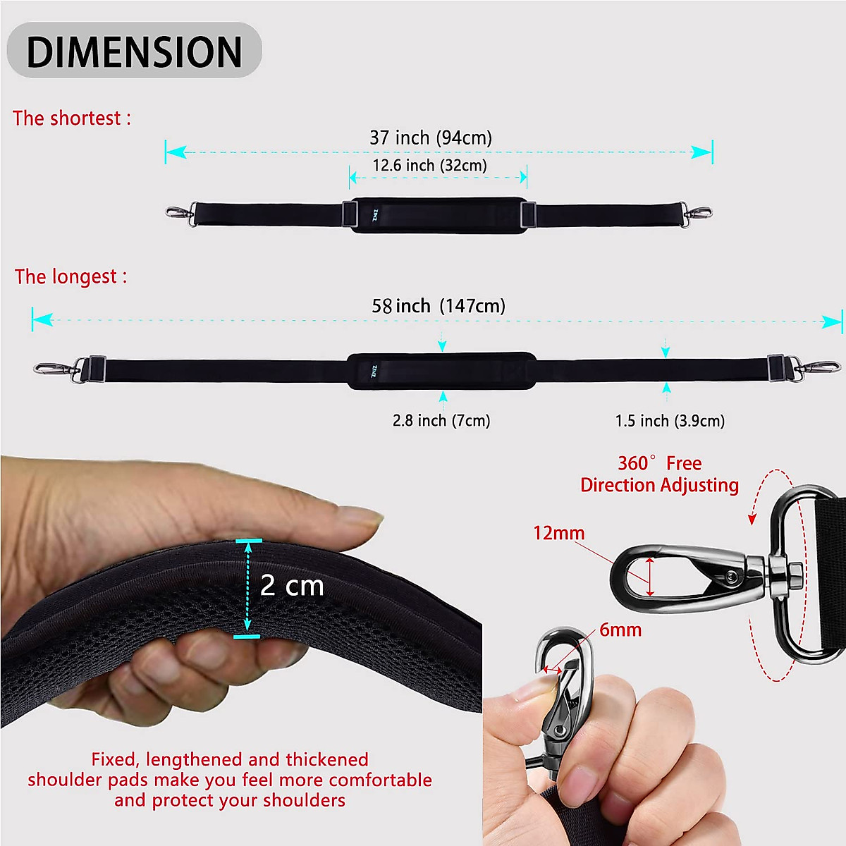 ZINZ Shoulder Strap 58" Universal Handbag Strap with Ultra-Thick Fixed Padded and Dual Balanced Adjustable Buckles Shoulder Crossbody Strap for Briefcase Messenger Bag Laptop Bag Luggage，Black