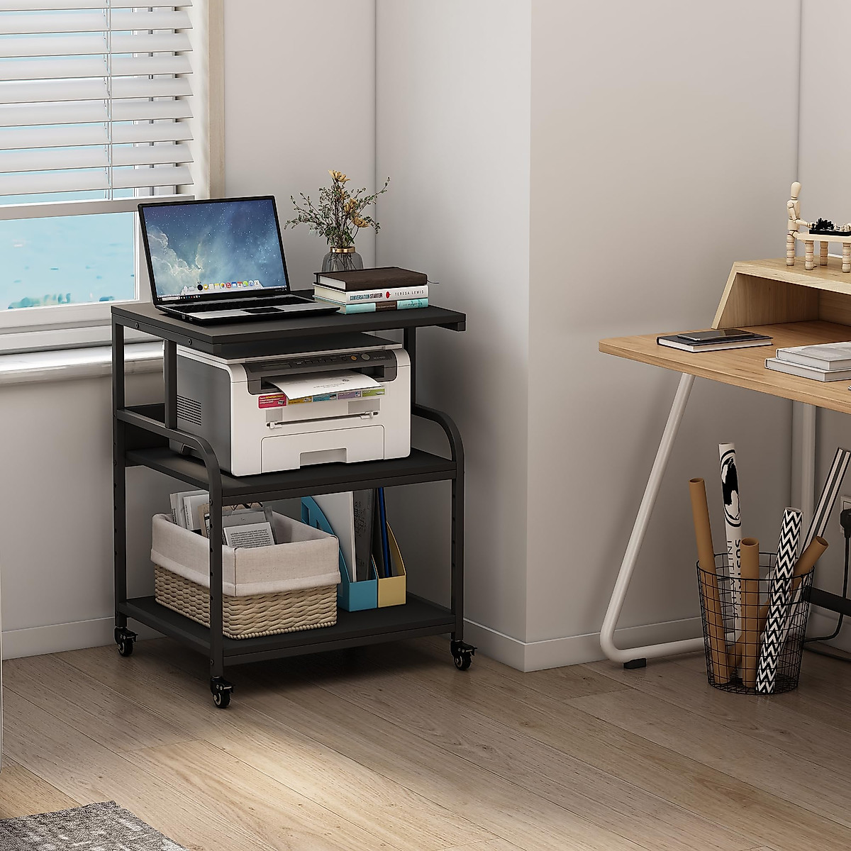 Fannova Printer Stand, 23.6 x18.9 x 29.5 Inches Large Printer Table with Adjustable Storage Shelf, 3 Tier Rolling Printer Cart with Wheels for Home Office, Stand for Heat Press Mini Fridge, Black