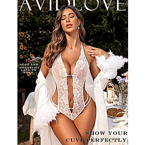 Avidlove Womens Sexy Lace Babydoll Lingerie V Neck Halter Teddy Bodysuit White Small