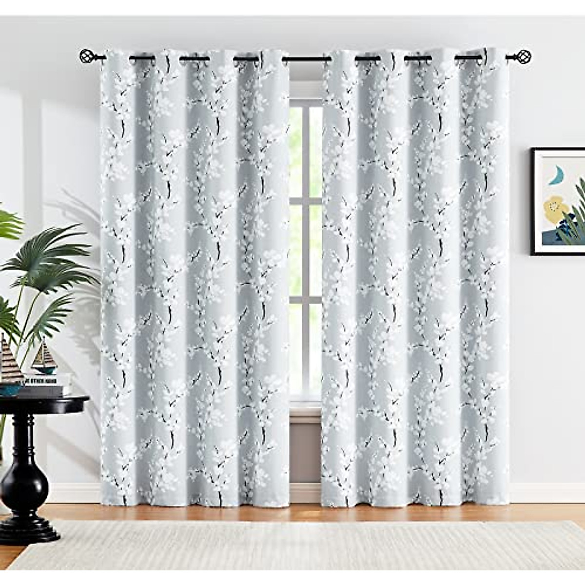 White Grey Blackout Curtains for Bedroom 84 inch Length Floral Printed Living Room Curtain Panels for Farmhouse Décor Blossom Thermal Energy Efficient Light Blocking Window Curtain 50"w 2pcs