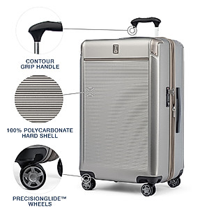 Travelpro Platinum Elite Hardside Expandable Checked Luggage, 8 Wheel Spinner, TSA Lock, Hard Shell Polycarbonate Suitcase, Metallic Sand, Checked Large 28-Inch