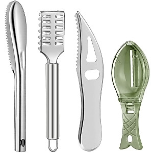 Fantasyon 4 Pieces Fish Scales Remover Stainless Steel Kitchen Fish Scaler Fish Skin Graters Cleaning Peeler Scaler Scraper with Bottle Opener for Kitchen Fish Scales Skin Removing Peeling Tools