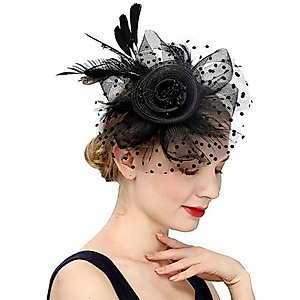 Fascinators Hat for Women Tea Party Headband Kentucky Derby Wedding Flower Cocktail Mesh Feathers Hair Clip Black