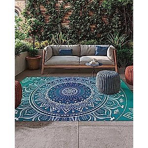 Outdoor Rugs, Waterproof Indoor Carpet, Blue and Green Medallion Custom 4'x6' Outside Area Rug for Patios RV Camping Beach Floor Mat for Balcony Bed Room Living Room Dining Room Mat