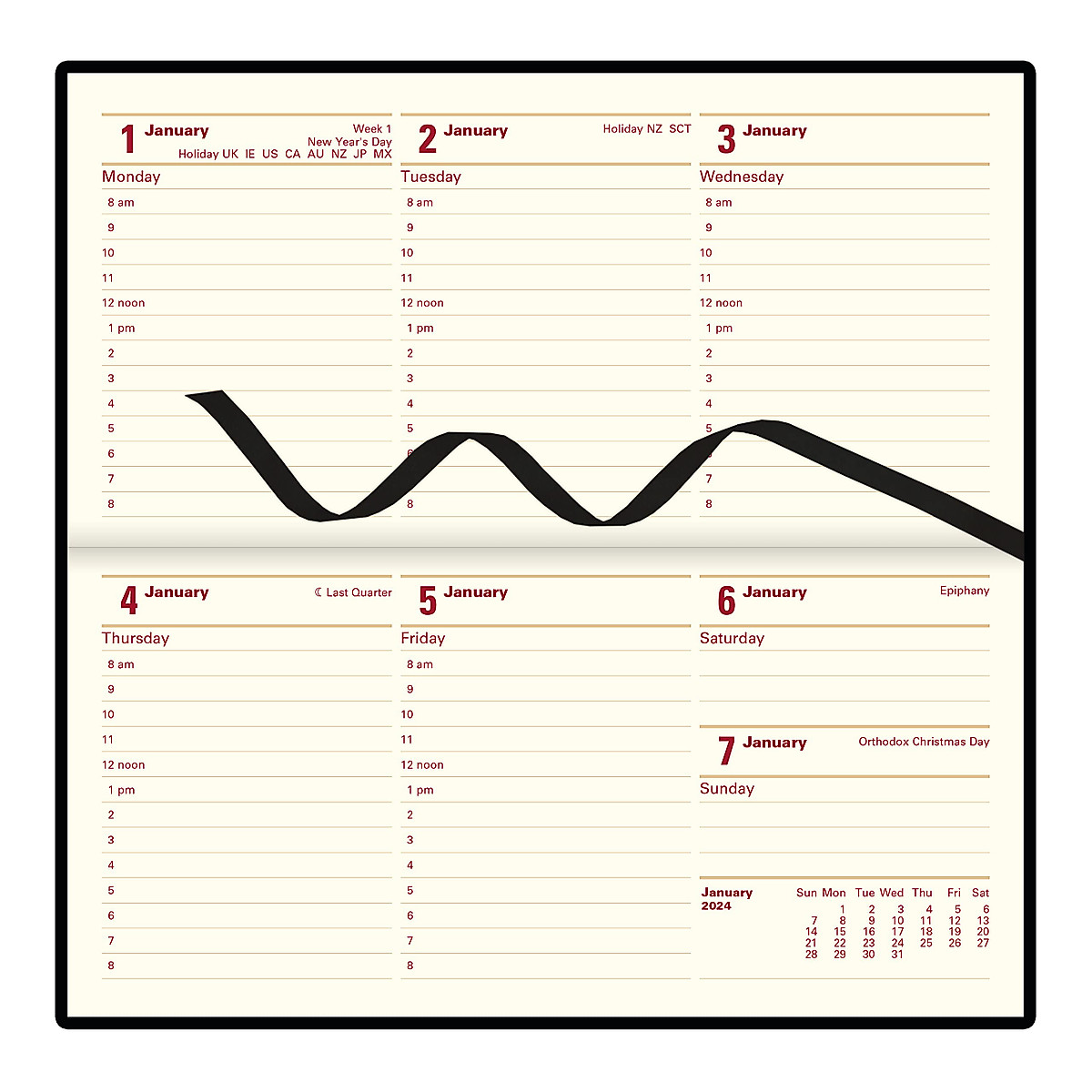 Letts of London Belgravia Weekly/Monthly Planner, 12 Months, January to December, 2024, Appointments, Horizontal, Slim Size, 6.625" x 3.25", Black (C33SBK-24)