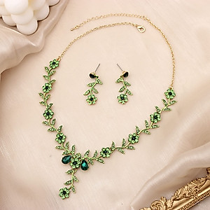 Enrwin Flower Leaf Crystal Pendant Necklace Dangle Earrings Link Bracelet Bride Bridesmaid Jewelry Sets for Women Wedding Party (Emerald-Gold Plated)