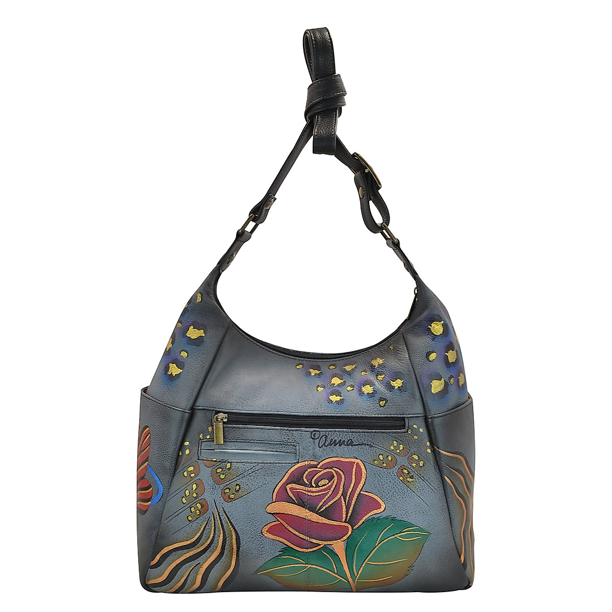 Anna by Anuschka womens Large Multi Pocket Hobo Handbag Genuine Leather, Rose Safari Grey, No Size US
