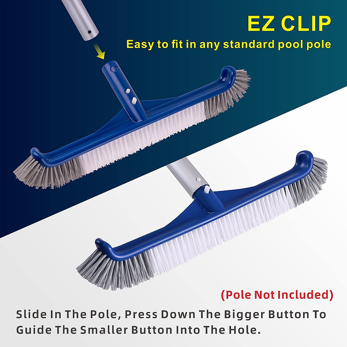 POOLAZA Pool Brush, 17.5" Pool Brushes for Cleaning Pool Walls, Premium Nylon Bristles Pool Brush Head with EZ Clip, Curved Ends High-Efficiency Pool Scrub Brush