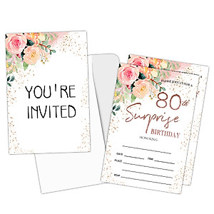 Zodvery Surprise 80th Birthday Party Invitations Cards - 80 Years old Rose Floral Pink Theme Party Supplies for Adult, Woman or Man - 20 Fill in Birthday Party Invitations and 20 Envelopes set/66