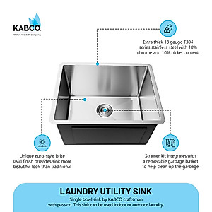 KABCO KLA23SSGR 18 Gauge Top-Undermount Drop In Laundry Utility Sink 23-Inch Stainless Steel Single Bowl with Strainer kit, Top Rolling Sink Rack & Bottom Sink Grid 4PC Combo Package- 23x18x12 Inch