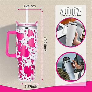 Xereizo 40 oz Tumbler with Handle and Straw, Leak Proof Stainless Steel Insulated Travel Coffee Tumbler Cups Lid and Straw, Iced for 40 Hours Cupholder Friendly Water Bottle Mug, Cow Stripe Rose Red