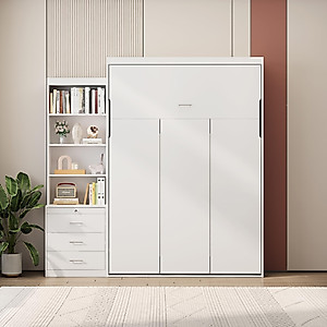 Oudiec Mordern Full Size Vertical Murphy Bed with Drawers&Shelf,Muti Functional Cabinet Bed&Wood Hidden Bed w Gas Struts,or Bedroom, Office, Guestroom, Space Saving Design, White