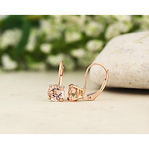 Solid 14k Rose Gold Morganite Dangle Lever back Earrings (Morganite 6mm Round)