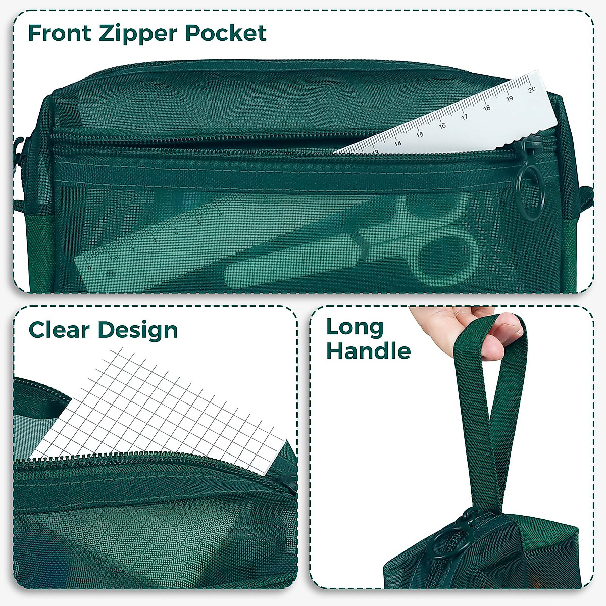 Moyad Grid Mesh Pencil Pen Case Large Capacity Pencil Pouch Stationery Organizer Pen Bag Clear Translucent Pencil Cases for Office, Work, Travel, Adults - Green