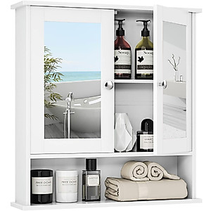 Byroce Bathroom Medicine Cabinet, Bathroom Wall Cabinet with 2 Mirror Doors & Adjustable Shelf, Over Toilet Storage, Wood Wall Mounted Storage Cabinet for Laundry Room, Living Room, Kitchen (White)